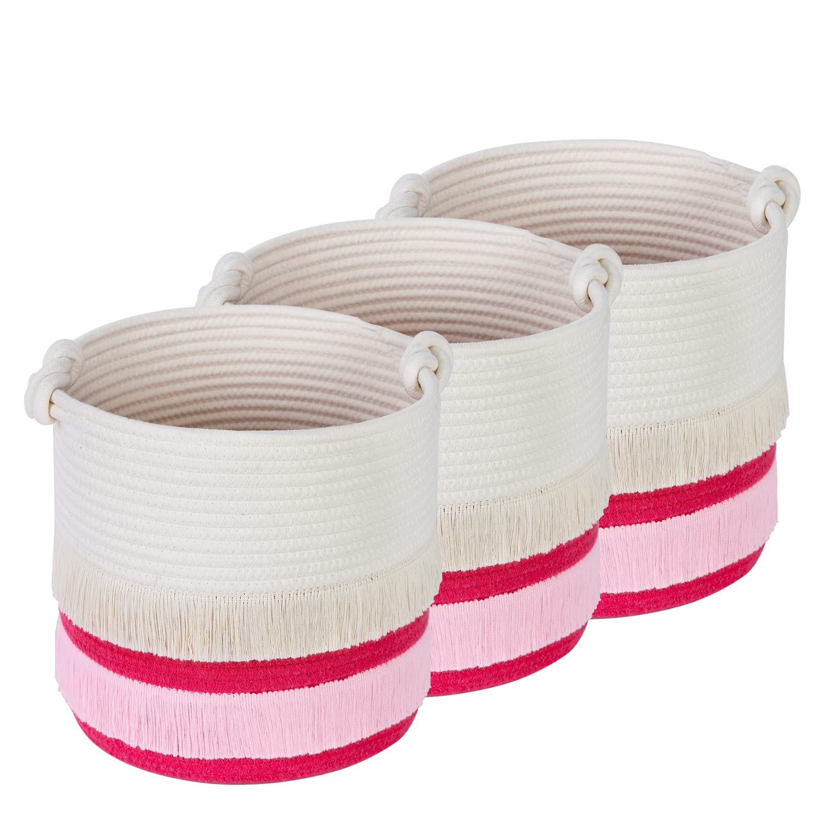 3 Pack 11inch Cotton Rope Baskets with Handles, Storage Cubes, Boho Decor, Woven Basket, Organization and Storage for Toys, Book, Cloth