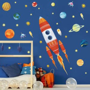 wondever rocket wall stickers outer space planets peel and stick wall art decals for baby nursery kids bedroom playroom (h:40 inches)