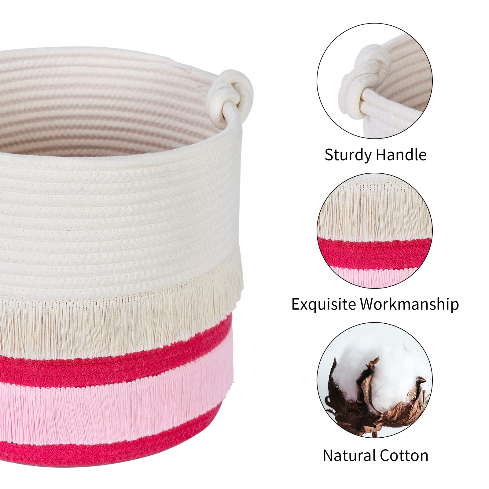 3 Pack 11inch Cotton Rope Baskets with Handles, Storage Cubes, Boho Decor, Woven Basket, Organization and Storage for Toys, Book, Cloth