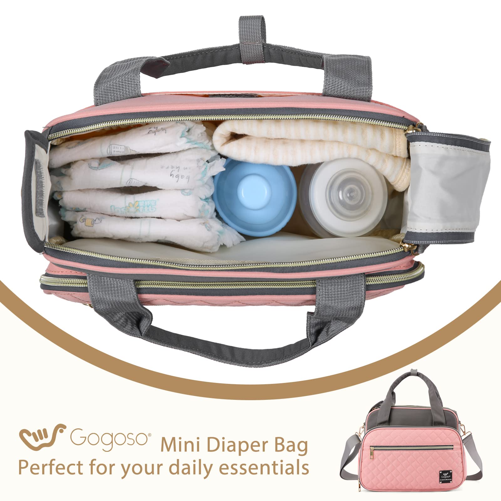 Crossbody Small Diaper Bag, Cute Mini Baby Diaper Tote Bags with Insulated Pockets for Traveling Outdoor Parent, Pink & Gray