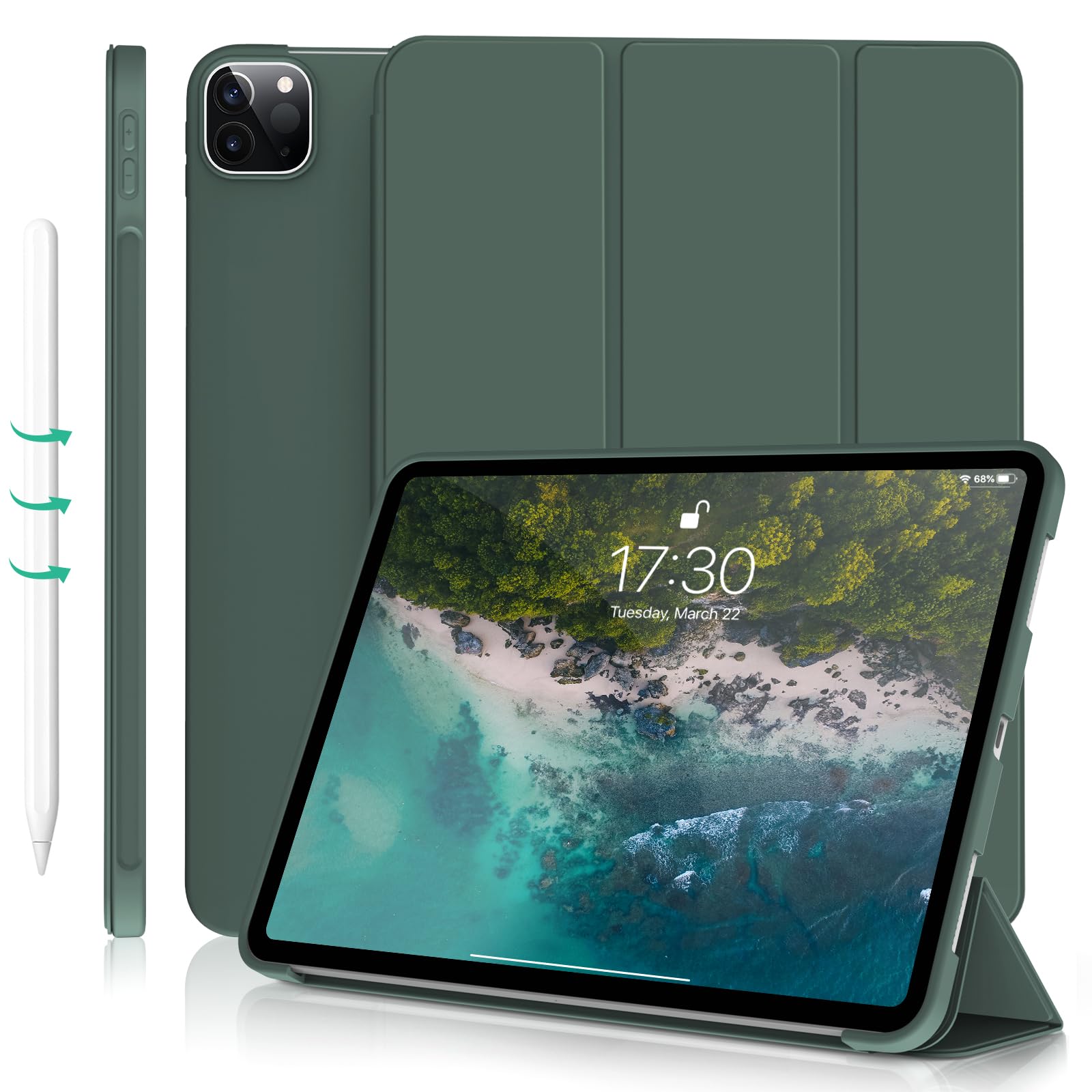 Kenke iPad Pro 11 Inch Case 4th/3rd/2nd/1st Generation 2022/2021/2020/2018 2nd Pencil Magnetic Attachment Without Pencil Holder Soft Slim TPU Cover Auto Wake/Sleep (Dark Green)