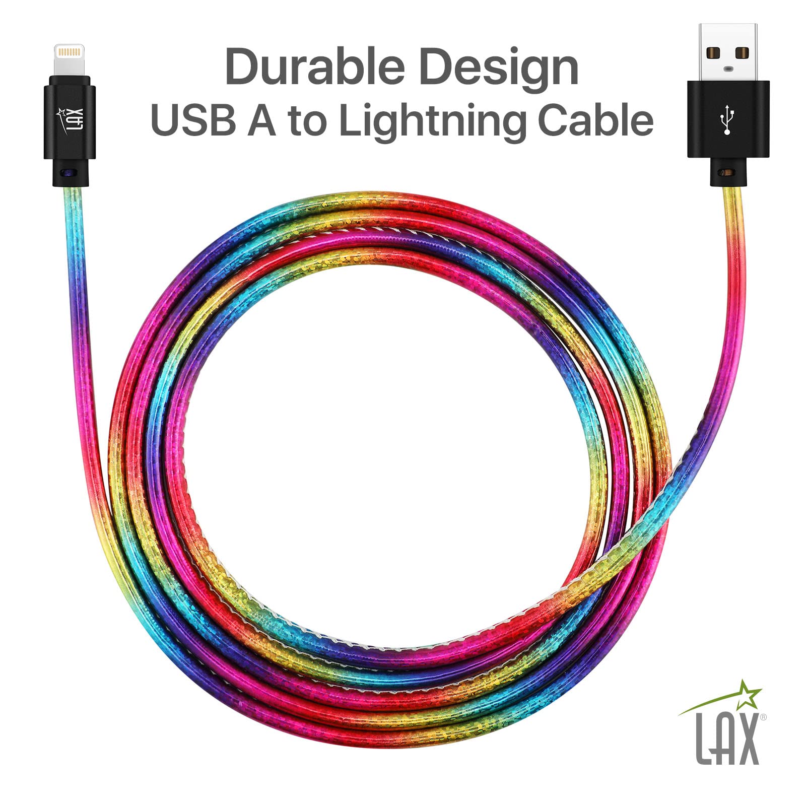 LAX [Apple MFi Certified] Fast Charger iPhone Lightning Cable, iPhone Cord Compatible with iPhone 14/13 /12/11 Pro Max/XS MAX/XR/XS/X/8/7 /6S /6 /SE /5S /iPad, iPod & More - (10FT-Rainbow)