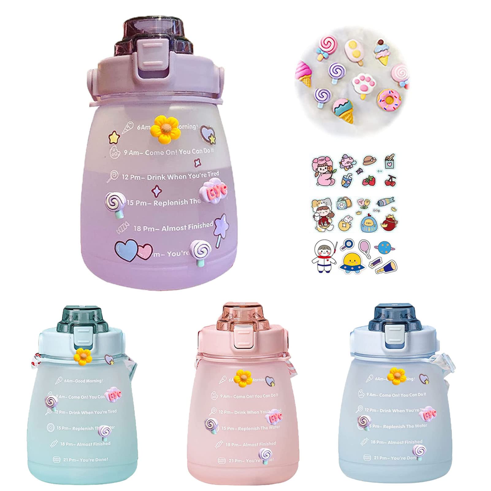 BOQQ Glitz Big Belly Bottle 1.4l, Big Belly Water Bottle, Water Bottles with Times to Drink, with Straw, Shoulder Strap and 3d Stickers (Purple)