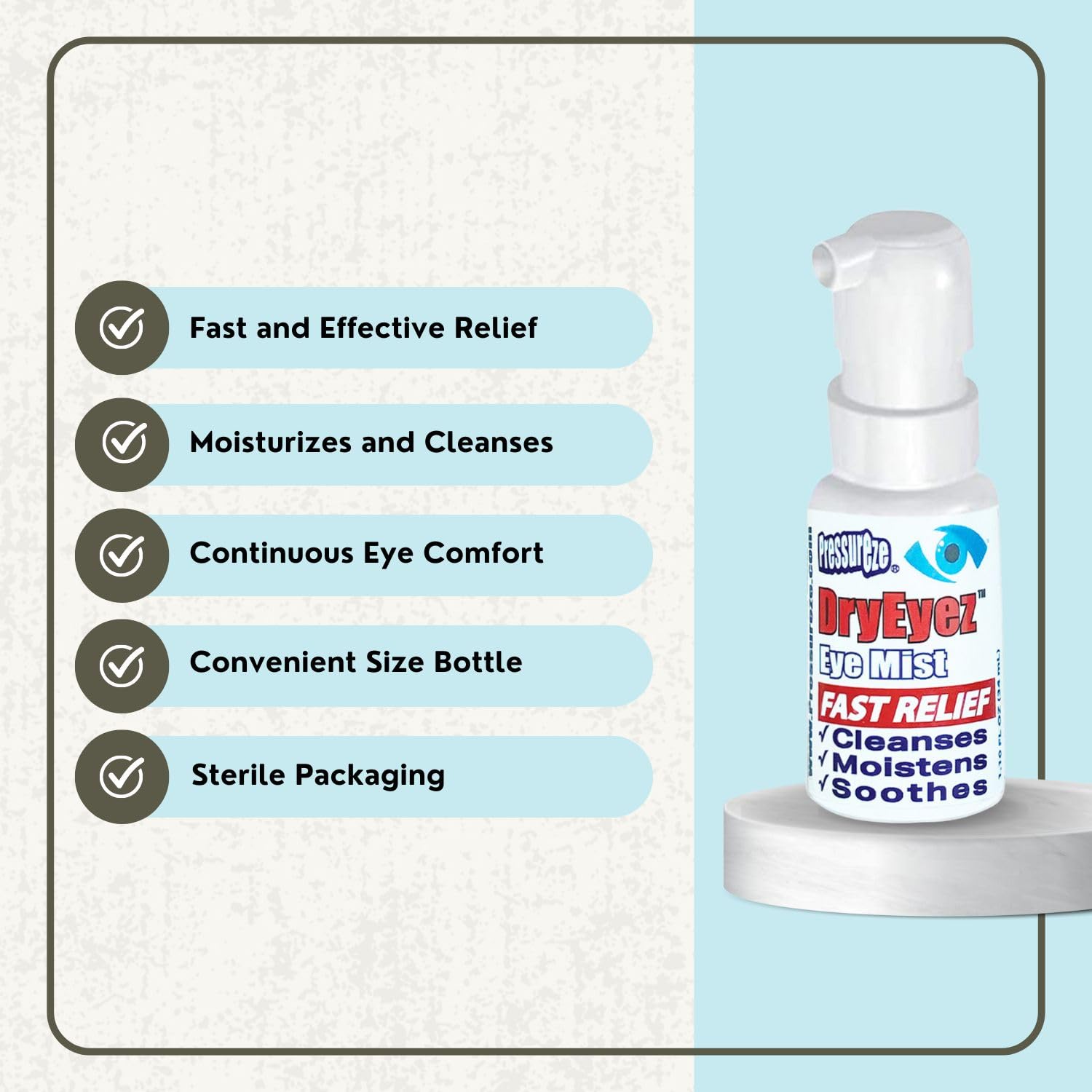 Pressureze DryEyez Natural Eye Relief for Sensitive Eyes. Dry Eyes, Sore Eyes, Irritated Eyes, Preservative-Free, Sterile. Cleanses, Moistens, Soothes 33ml, Made in USA (Pack of 1)