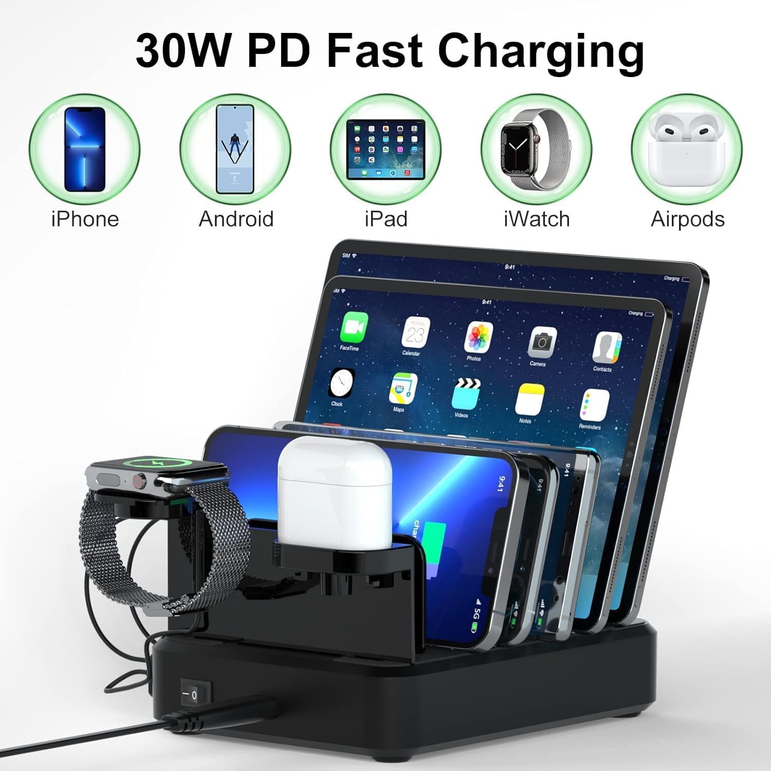 TYCRALI Charging Station for Multiple Devices Apple - 100W 6 Port Charger Station with 3 PD USB C Fast Port, Phone and Watch Charging Stand for iPhone iPad Samsung (Watch Charger NOT Included)