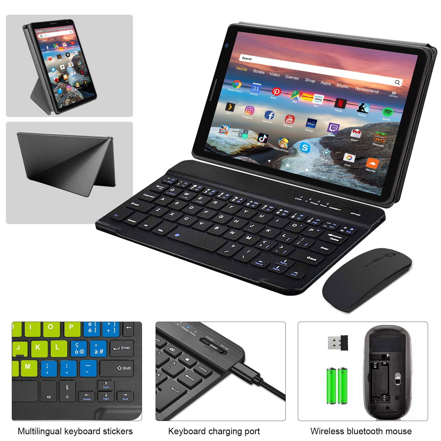 DUODUOGO Tablet with Keyboard, 2 in 1 Tablet Android 8 inch Quad Core 3GB RAM + 32GB ROM, 128GB Expandable, WiFi, HD IPS Display, Android 10, Dual Camera, 5000mAh, Bluetooth, GPS