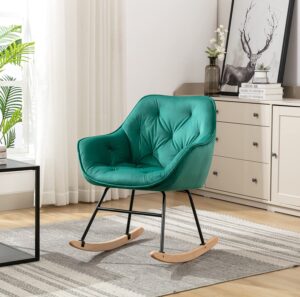 compact velvet rocking chair, comfy accent rocker chair for babies nursery, upholstered glider for bedroom, living room (emerald green)