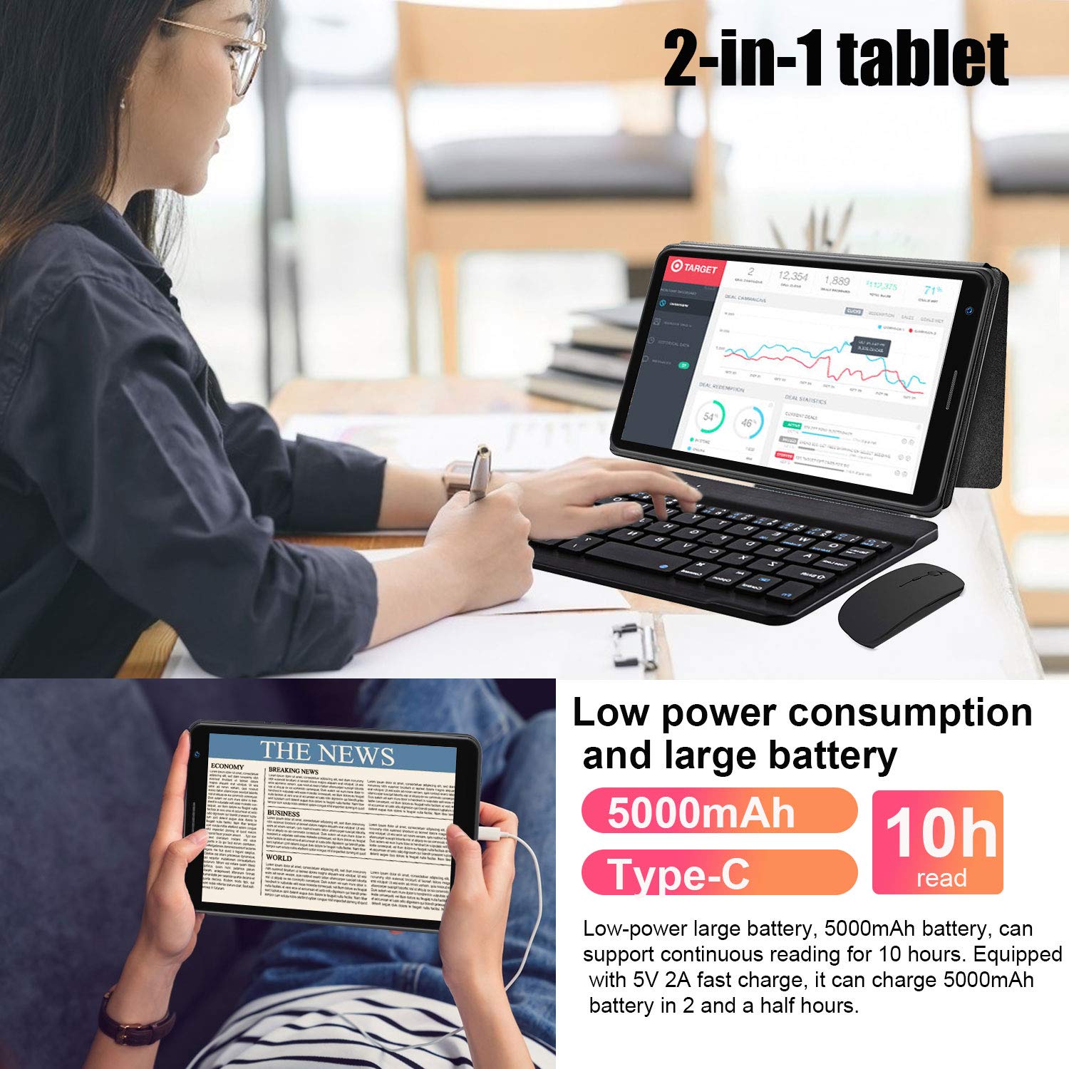 DUODUOGO Tablet with Keyboard, 2 in 1 Tablet Android 8 inch Quad Core 3GB RAM + 32GB ROM, 128GB Expandable, WiFi, HD IPS Display, Android 10, Dual Camera, 5000mAh, Bluetooth, GPS