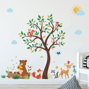 wondever Forest Animals Tree Wall Stickers Bear Deer Peel and Stick Wall Art Decals for Baby Nursery Kids Bedroom Playroom