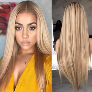 JOUKAYEA Long Ombre Brown Blonde Wig for White Black Women, Synthetic Straight Highlight Dirty Blond Wig with Dark Roots, Golden Hispanic Ladies Realistic Natural Looking Hair Replacement Wigs