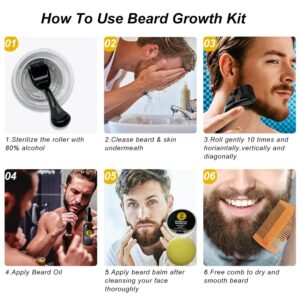 HALICOL Beard Growth Kit - Beard Kit Gifts Set with 0.25mm Beard Roller, Beard Growth Serum Oil, Beard Balm and Comb, Help Beard and Hair Growth - Gifts for Men Dad Him Boyfriend Husband Brother