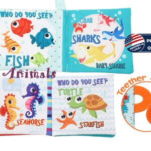 High Contrast Baby Books, Cloth Crinkle Books for Babies Infant Baby Books Toys 0-3-6-12-18 Months, Christmas Shower Baby Gifts, Teething,Sensory Toy for Boys and Girls,Fish,Black and White 2PCS