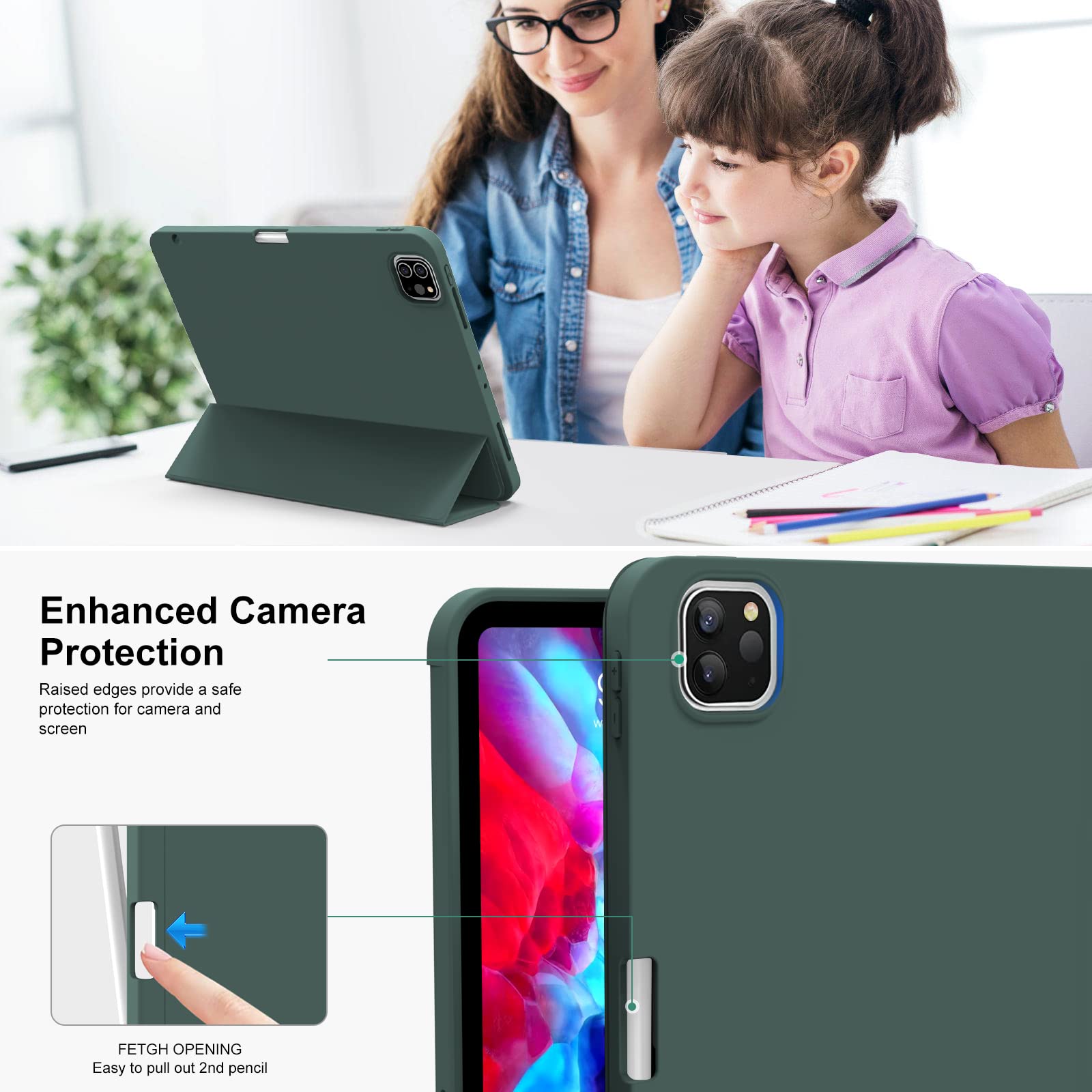 Kenke iPad Pro 11 Inch Case 4th/3rd/2nd/1st Generation 2022/2021/2020/2018 Magnetic Attachment 2nd Pencil with Right Side Pencil Holder Soft Slim PU Cover Auto Wake/Sleep (Dark Green)