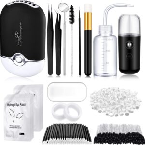 eyelash extension supply eyelash extension kit with usb air conditioning blower nano facial mister silicone pad tweezers eye gel pad mini brush wash bottle mascara brush glue ring (black)