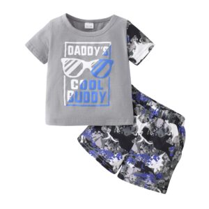 seven young toddler baby boy summer clothes daddy's cool buddy short sleeve t-shirt dinosaur camouflage shorts boys 2pcs outfit (grey, 18-24 months)