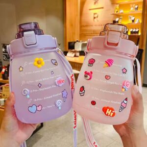 BOQQ Glitz Big Belly Bottle 1.4l, Big Belly Water Bottle, Water Bottles with Times to Drink, with Straw, Shoulder Strap and 3d Stickers (Purple)