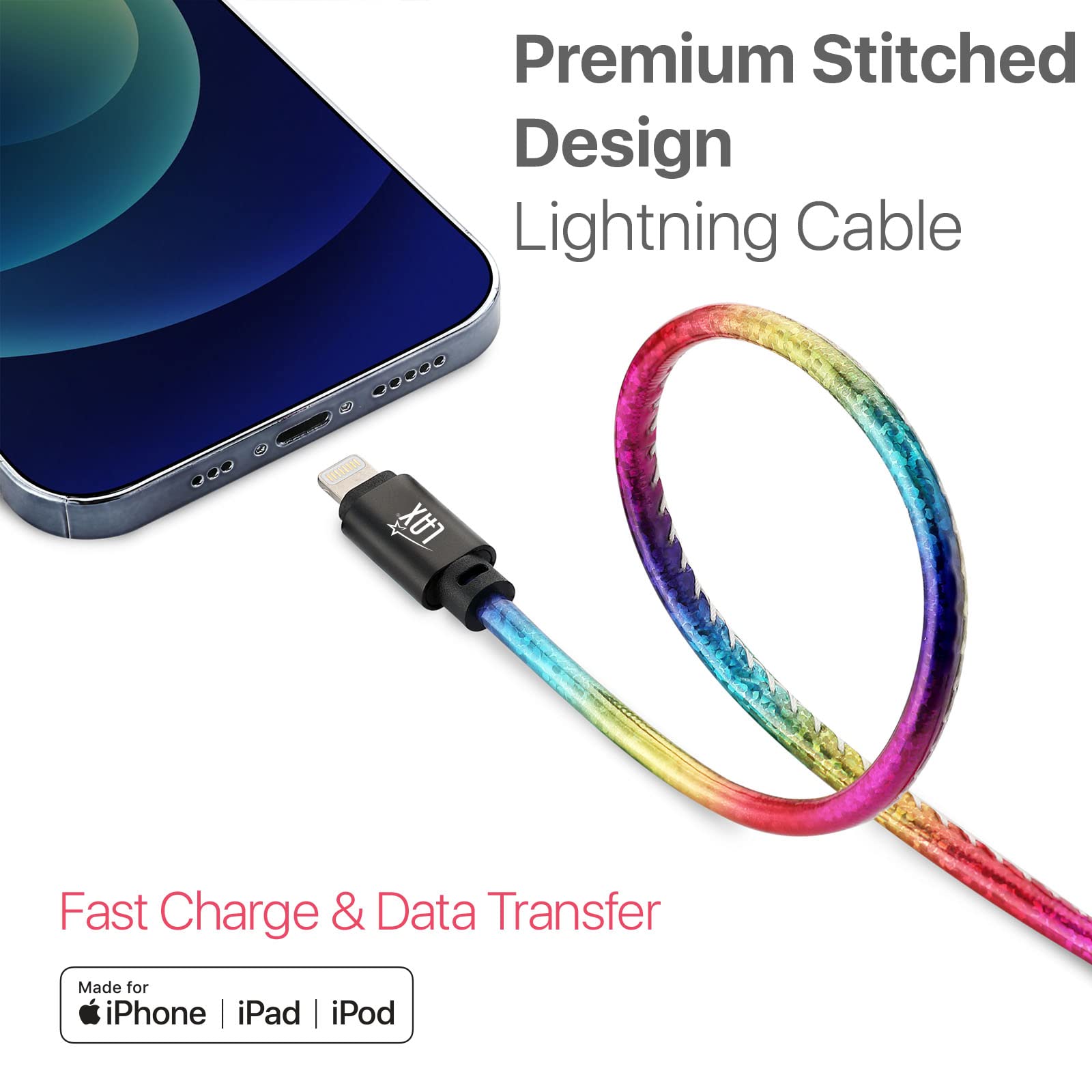 LAX [Apple MFi Certified] Fast Charger iPhone Lightning Cable, iPhone Cord Compatible with iPhone 14/13 /12/11 Pro Max/XS MAX/XR/XS/X/8/7 /6S /6 /SE /5S /iPad, iPod & More - (10FT-Rainbow)