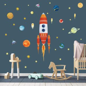 wondever Rocket Wall Stickers Outer Space Planets Peel and Stick Wall Art Decals for Baby Nursery Kids Bedroom Playroom (H:40 inches)