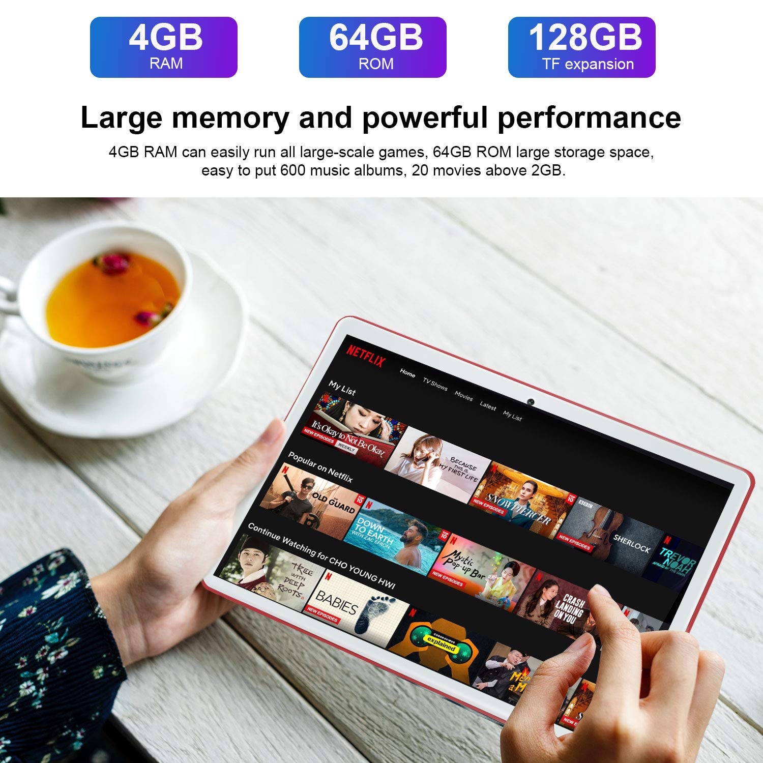 DUODUOGO Android Tablet 10 inch Newest Quad Core Processor, 64GB ROM + 4GB RAM, 128GB Expandable, 5G Dual WiFi, Android 10 Tablet, Dual Camera, 6000mAh, Bluetooth, GPS (Red)