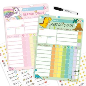 magnetic dry erase chore chart for two kids, reward chart for kids behavior. includes 52 static tasks, 126 golden stars and dinosaur & unicorn magnetic charts each