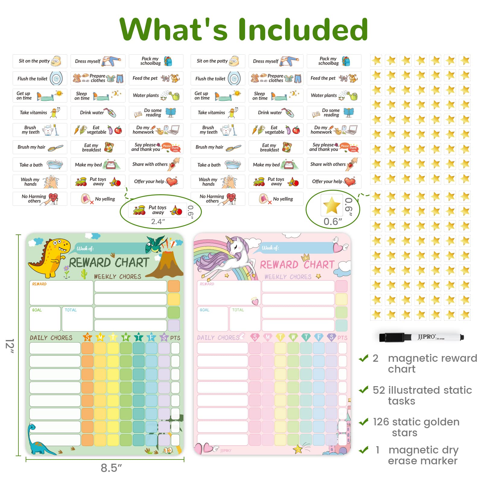 Magnetic Dry Erase Chore Chart for Two Kids, Reward Chart for Kids Behavior. Includes 52 Static Tasks, 126 Golden Stars and Dinosaur & Unicorn Magnetic Charts Each