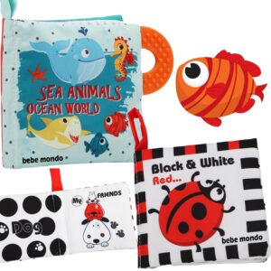 high contrast baby books, cloth crinkle books for babies infant baby books toys 0-3-6-12-18 months, christmas shower baby gifts, teething,sensory toy for boys and girls,fish,black and white 2pcs