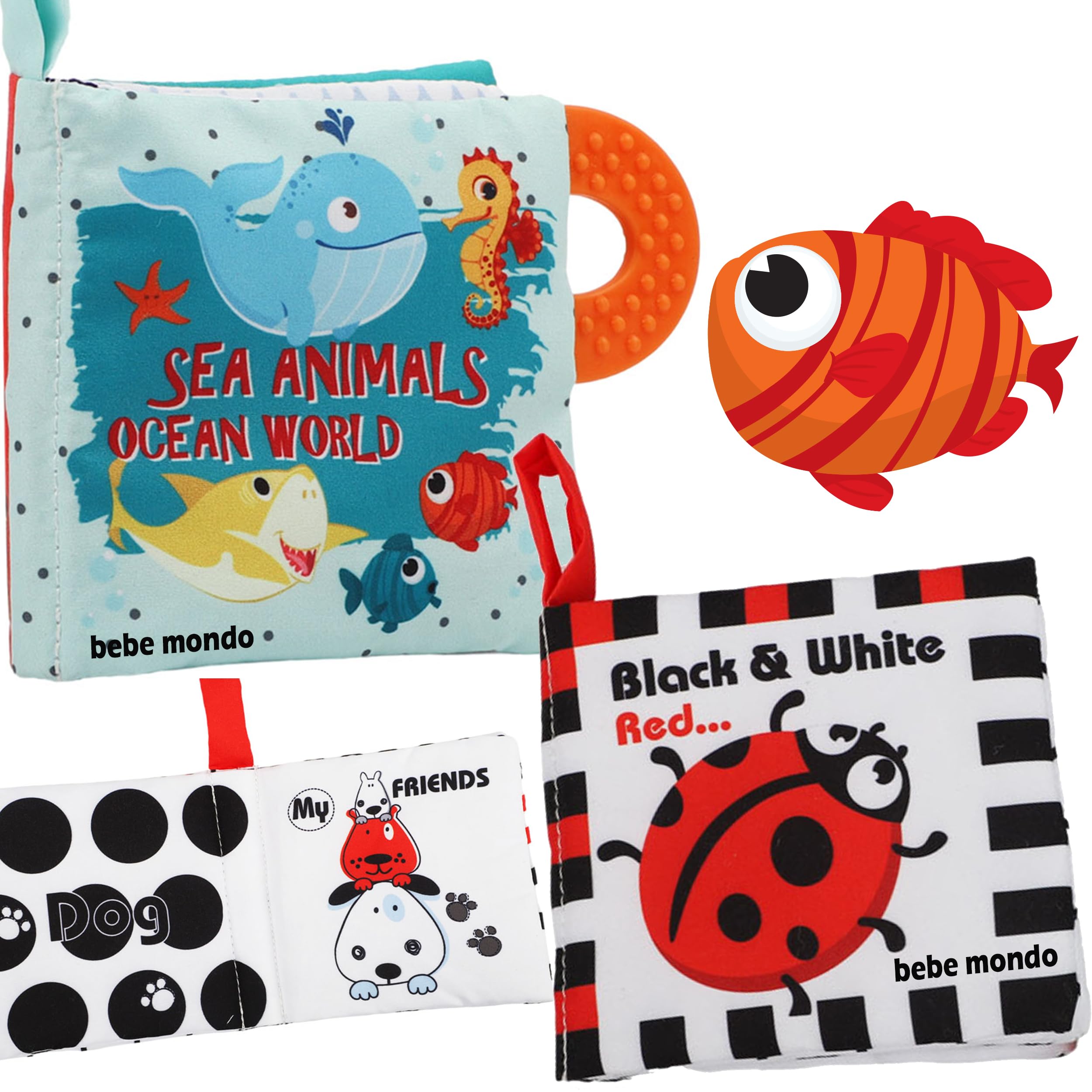 High Contrast Baby Books, Cloth Crinkle Books for Babies Infant Baby Books Toys 0-3-6-12-18 Months, Christmas Shower Baby Gifts, Teething,Sensory Toy for Boys and Girls,Fish,Black and White 2PCS