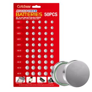 cotchear 50pcs alkaline cell batteries assorted 1.5 volt ag1/lr621 ag3/lr41 ag4/lr626 ag10/lr1130 ag12/lr43 ag13/lr44 coin batteries set 0% mercury