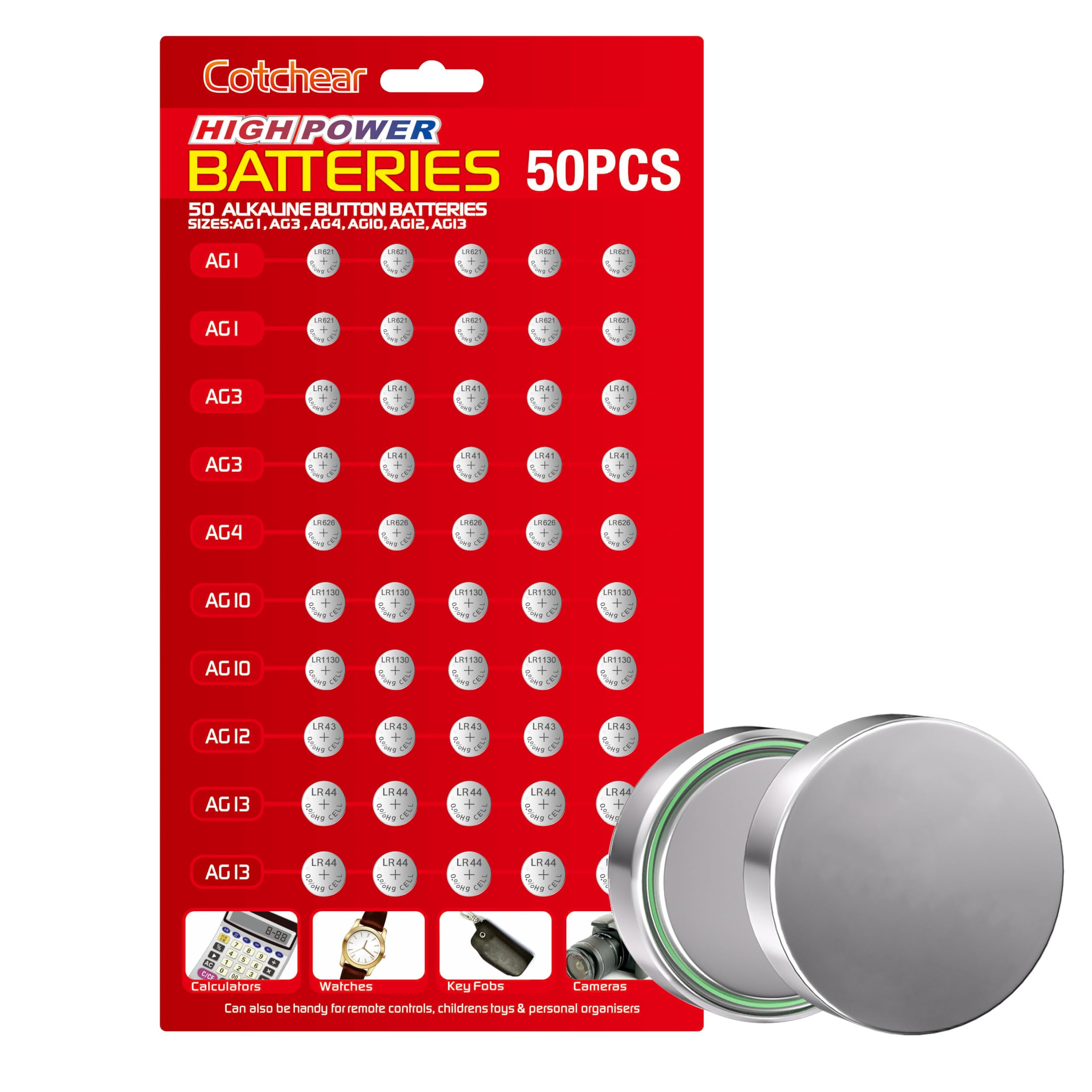 Cotchear 50pcs Alkaline Cell Batteries Assorted 1.5 Volt AG1/LR621 AG3/LR41 AG4/LR626 AG10/LR1130 AG12/LR43 AG13/LR44 Coin Batteries Set 0% Mercury