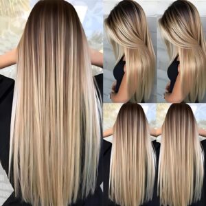 joukayea long ombre brown blonde wig for white black women, synthetic straight highlight dirty blond wig with dark roots, golden hispanic ladies realistic natural looking hair replacement wigs