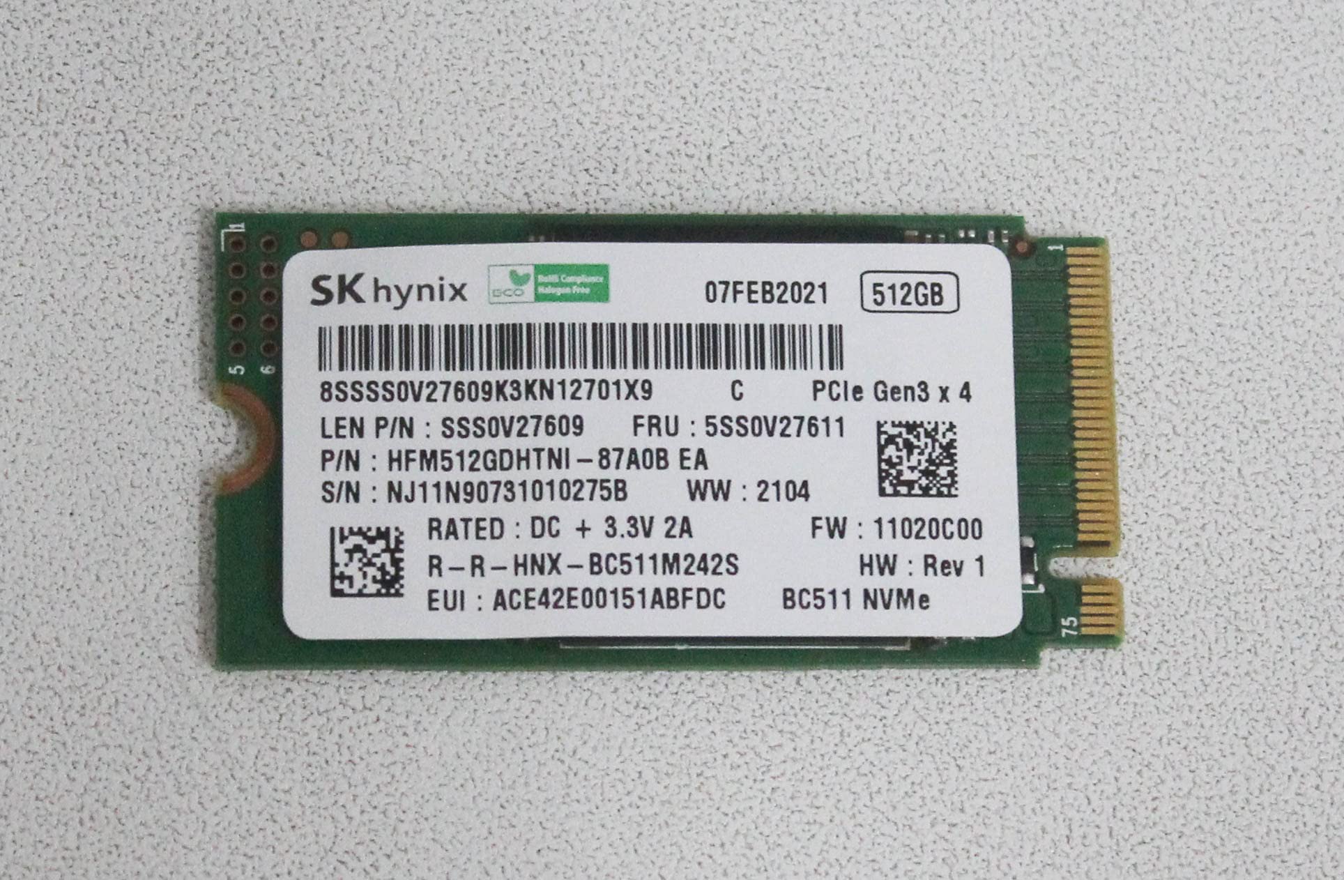 ACS OF MIAMI SSS0V27609 Ssd 512Gb M.2 Pcie 2242 Dc+3.3V 2A Solid State Drive Replacement Parts