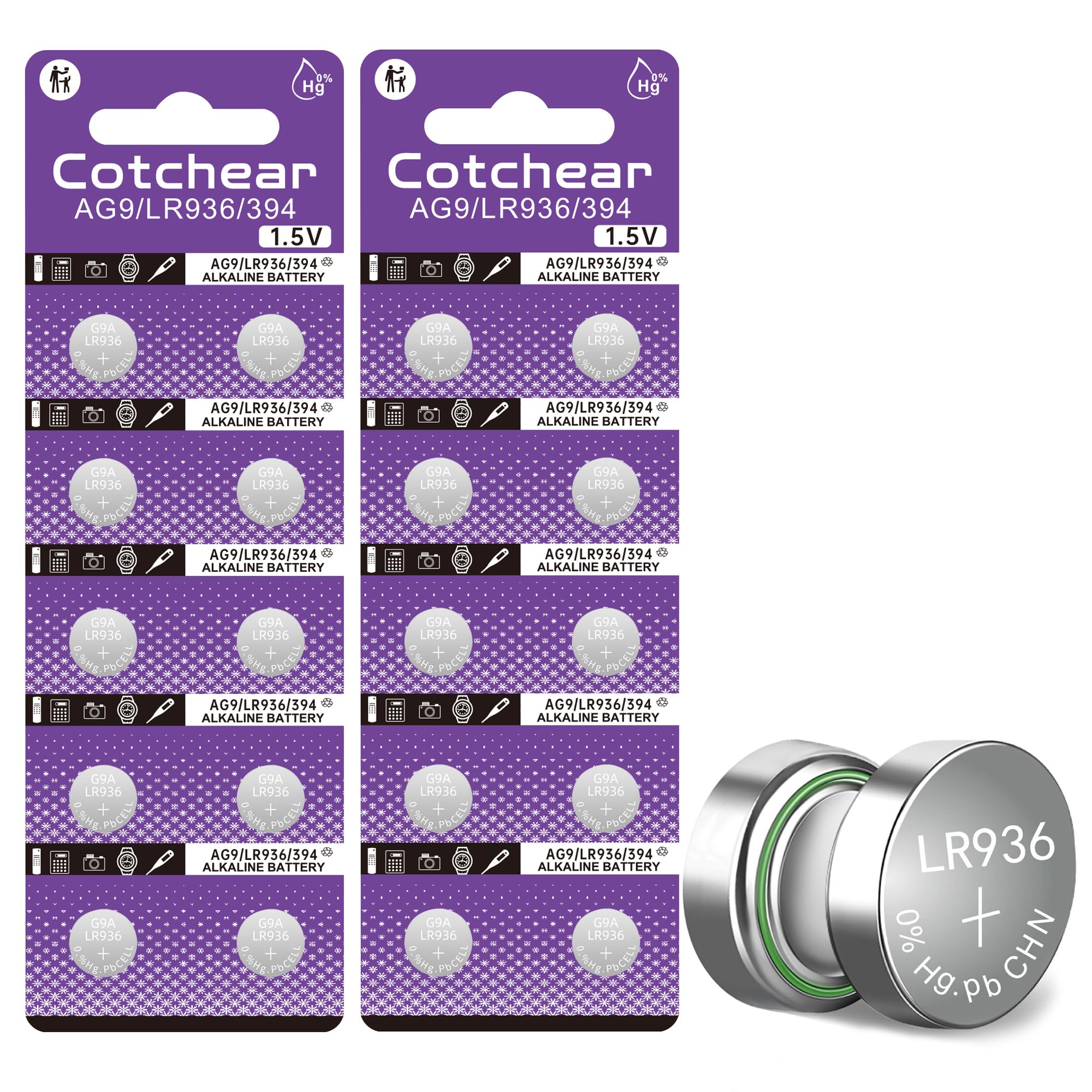 Cotchear 20Pcs AG9 Button Cell Batteries 1.5v AG9 194 LR936 SP394 Coin Battery