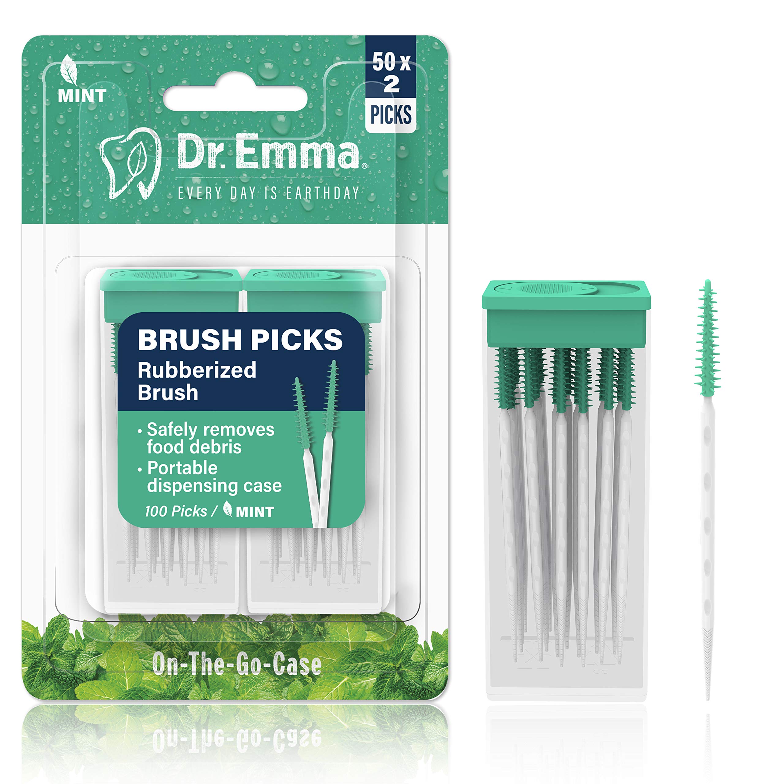 Dr. Emma Brush Picks Rubberized Brush Mint Brush Picks, 2 Packs, 100 Picks/Pack