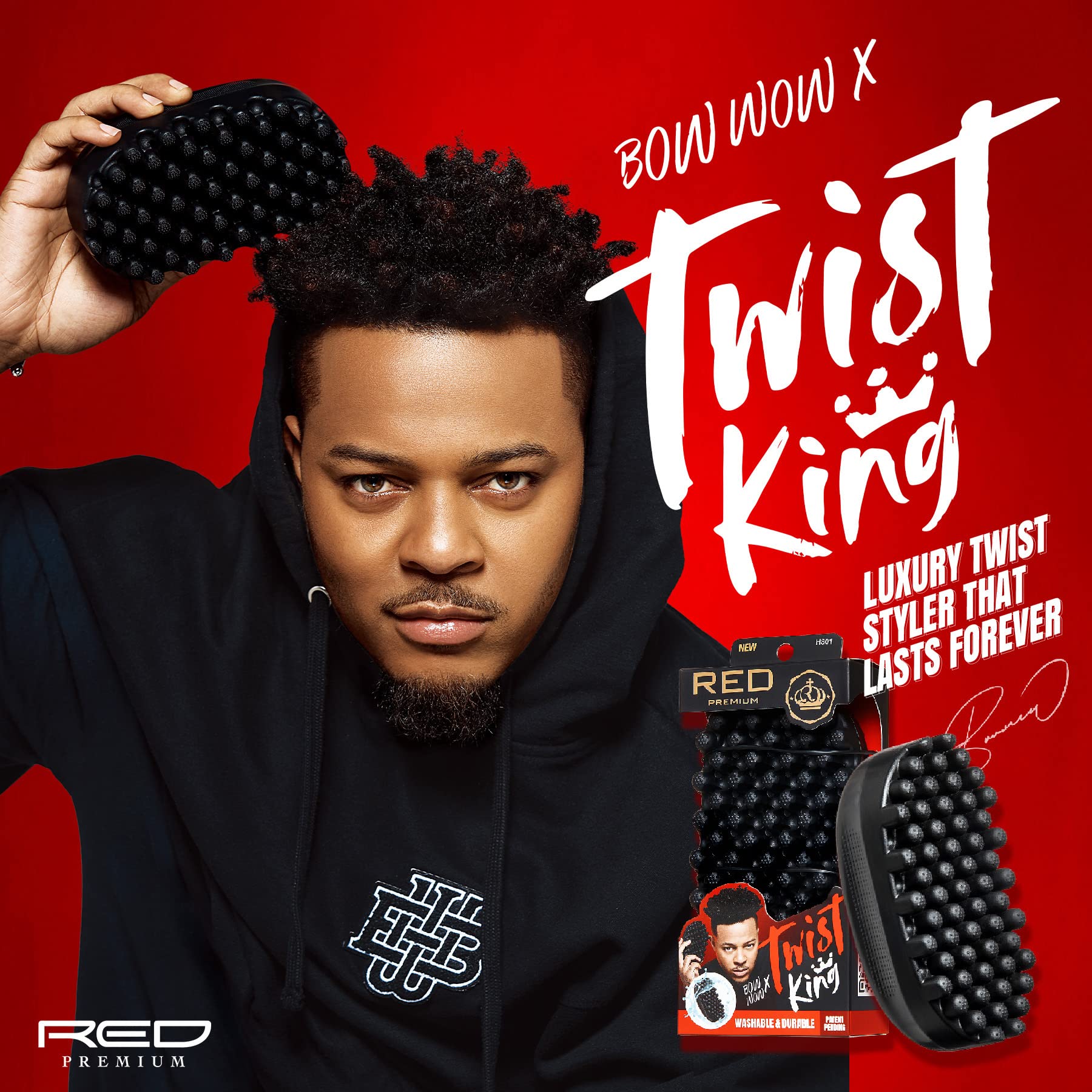 RED by Kiss Bow Wow X Twist King -Premium Luxury Twist Styler Brush with Large Styling Pik, Durable Washable Afro Curl Sponge Racket for Barbers and Daily Use, Ideal for Curly, Coiled, 4C Hair