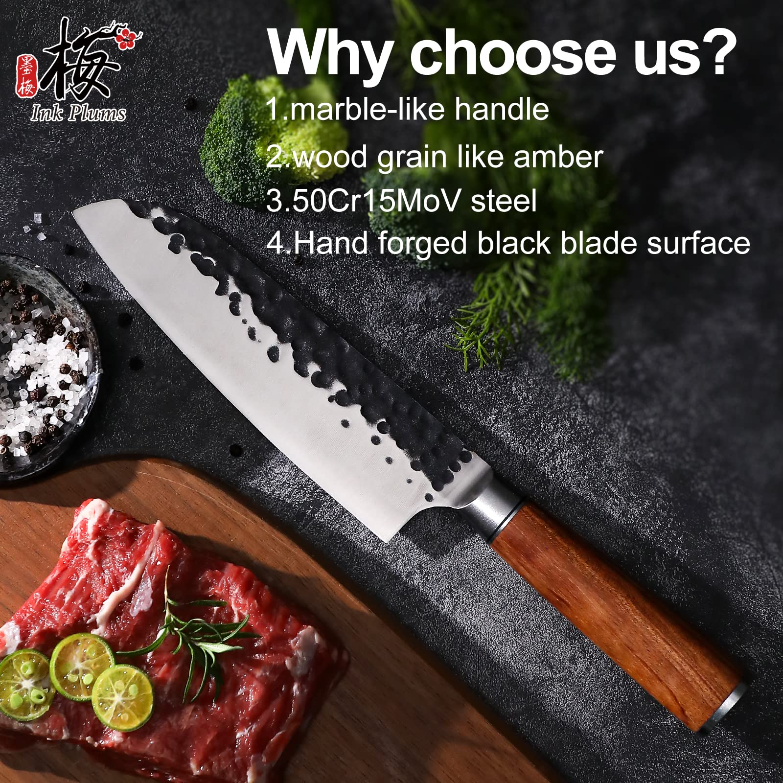 Ink Plums Santoku Knife 7 Inch,High Carbon Steel Ultra Sharp Asian Chef Knife with Brazilian Rosewood Handle and Gift Box for Family & Restaurant