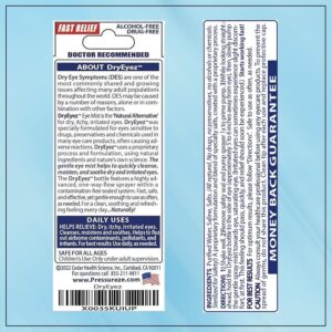 Pressureze DryEyez Natural Eye Relief for Sensitive Eyes. Dry Eyes, Sore Eyes, Irritated Eyes, Preservative-Free, Sterile. Cleanses, Moistens, Soothes 33ml, Made in USA (Pack of 1)