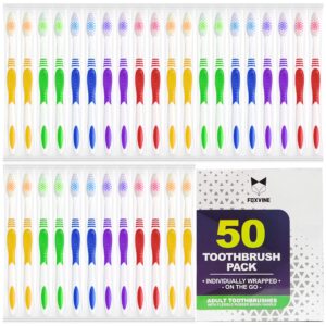 ecofox bulk toothbrushes 10 pack | individually wrapped travel toothbrush set for adults & kids | made with a medium-soft large brush head | bpa-free & disposable!