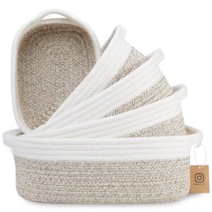 naturalcozy 5-piece rectangle storage basket set- natural cotton rope woven baskets for organizing! small basket for montessori, baby nursery, dog toy baskets, cat toy box, bathroom organization bin