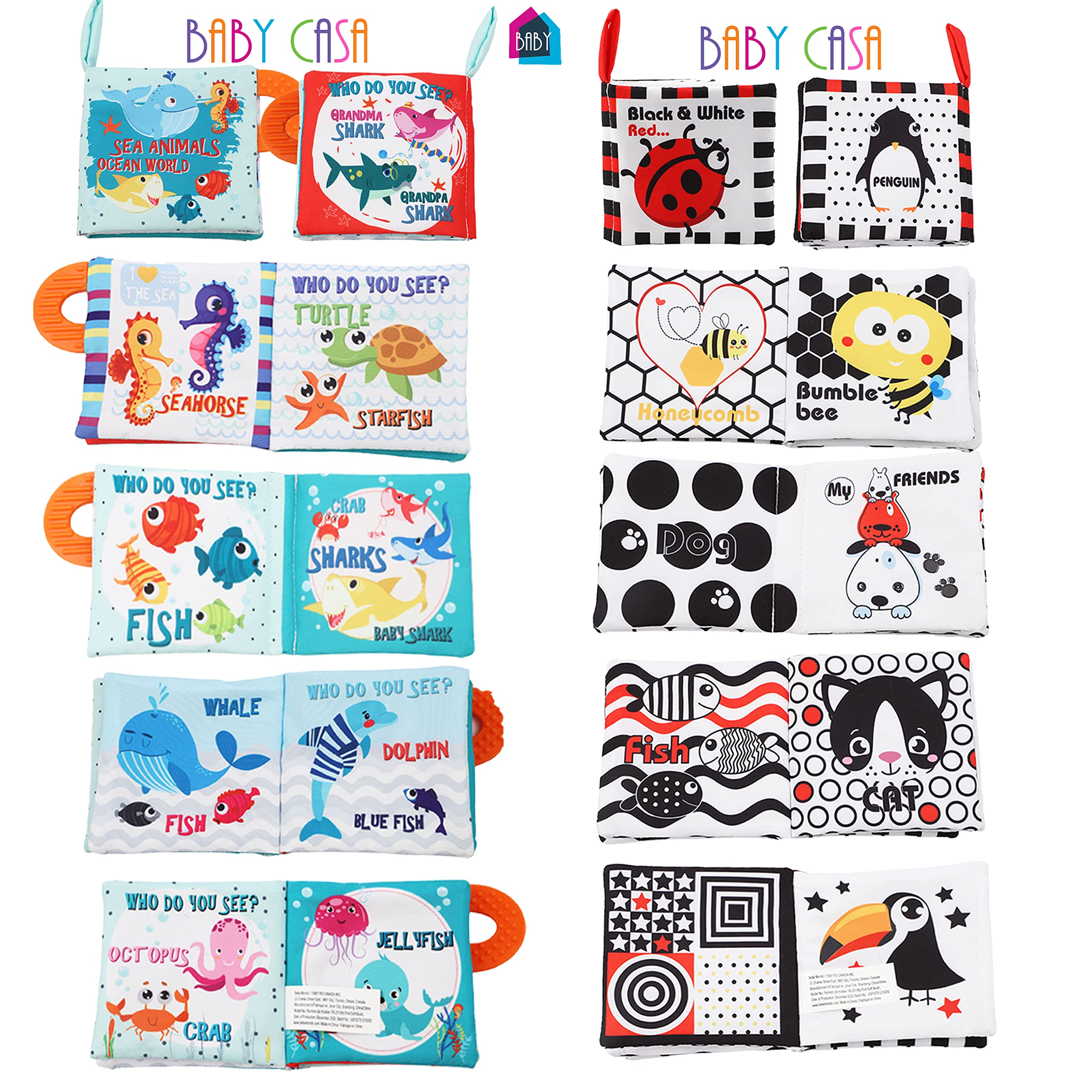 High Contrast Baby Books, Cloth Crinkle Books for Babies Infant Baby Books Toys 0-3-6-12-18 Months, Christmas Shower Baby Gifts, Teething,Sensory Toy for Boys and Girls,Fish,Black and White 2PCS