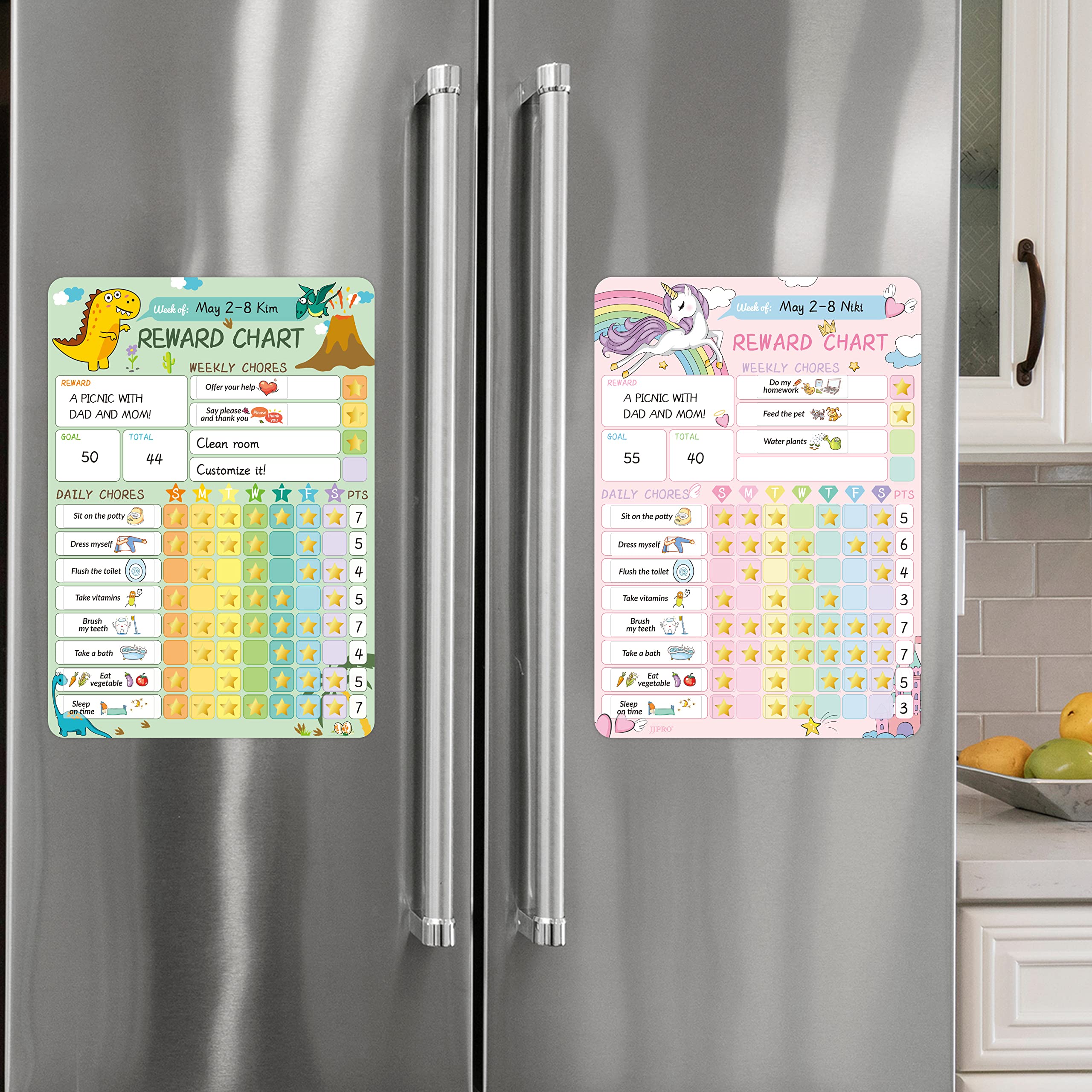 Magnetic Dry Erase Chore Chart for Two Kids, Reward Chart for Kids Behavior. Includes 52 Static Tasks, 126 Golden Stars and Dinosaur & Unicorn Magnetic Charts Each