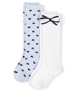 gymboree baby girls and toddler knee socks, white box/blue heart 2 pack, 6-8 us