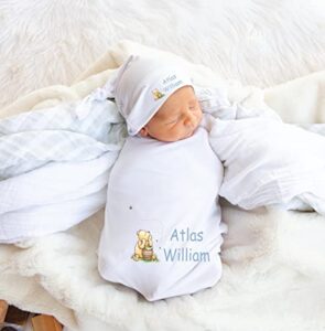 personalized winnie the pooh baby blanket and matching hat, winnie the pooh blanket, custom swaddle blanket, unisex, choose font and text color, personlaized baby gift