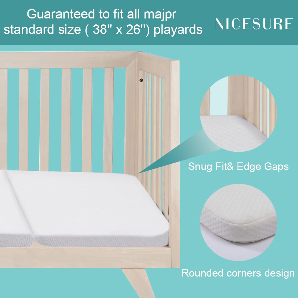 Nicesure Tri-fold Memory Foam Pack n Play Mattress Pad - Portable Folded Playard Mattresses with Washable Cover - Double Soft Side for Toddlers Fits (38"x26")