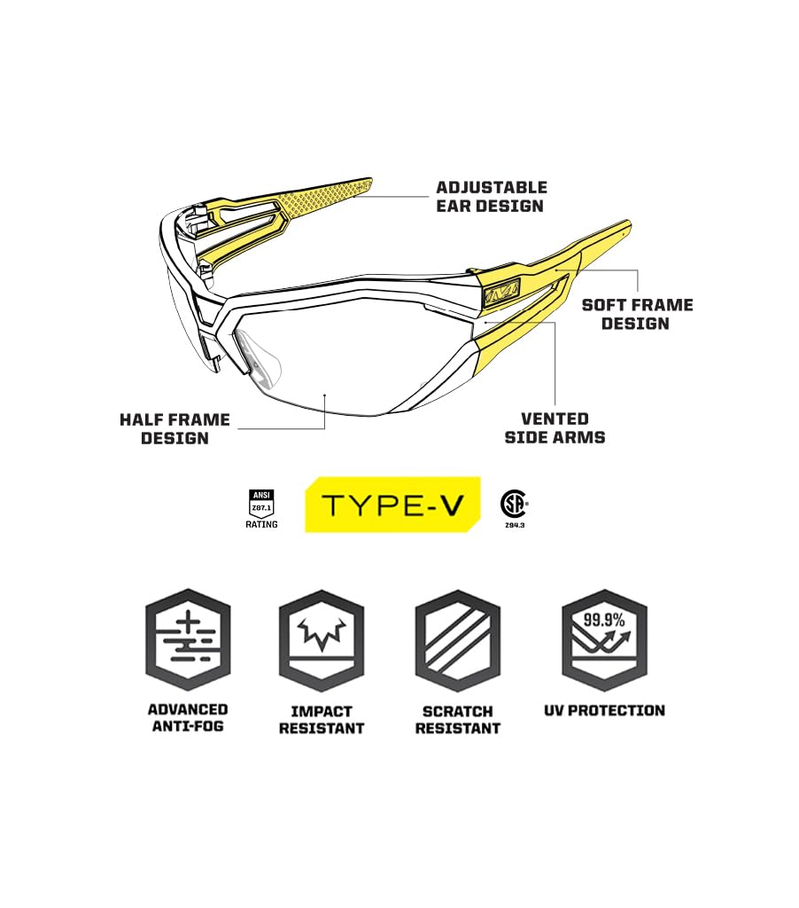 Mechanix Wear: Vision Type-V Safety Glasses with Advanced Anti Fog, Scratch Resistant, Half Framed Protective Eyewear, Lightweight Glasses with Adjustable Arms and Nose (Clear Lens)