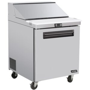 kitma 28" w sandwich/salad prep table refrigerator, single door salad prep table with 7.5 cu.ft commercial refrigerator base, cutting board, and 12 pans capacity (33 °f - 38°f)