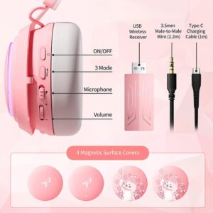 SOMIC Cat Ear Headphones, 2.4G/Bluetooth Wireless Gaming Headset for PS5, PS4, PC with RGB Lights and Retractable Mic, 10Hrs Playtime, 7.1 Surround Sound for Laptop, Smartphone-GS510 Pro - Pink