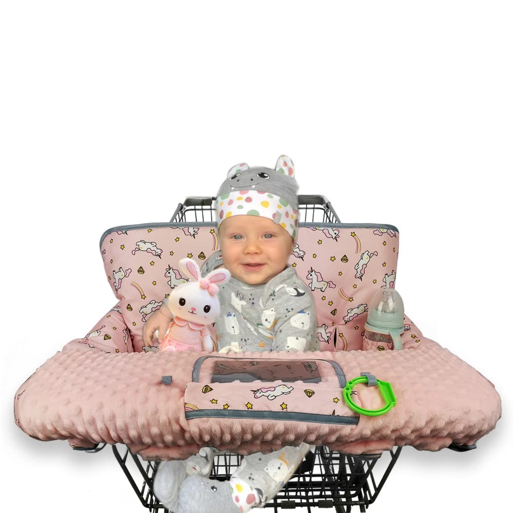 RHYDEER Shopping cart Cover for Babies-high Chair Cover, Dotted Minky Touching, Multi in 1 Design, 360 Full Protection, roll in and go, Universal fit, Pink Unicorns