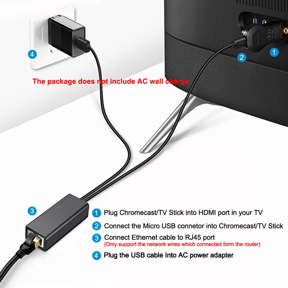 Ethernet Adapter for Fire TV Stick Google Home Mini Chromecast and More Streaming TV Sticks 10/100Mbps Network Micro USB A Port to RJ45 Ethernet Adapter with USB Power Supply Cable 3.3ft (Black)