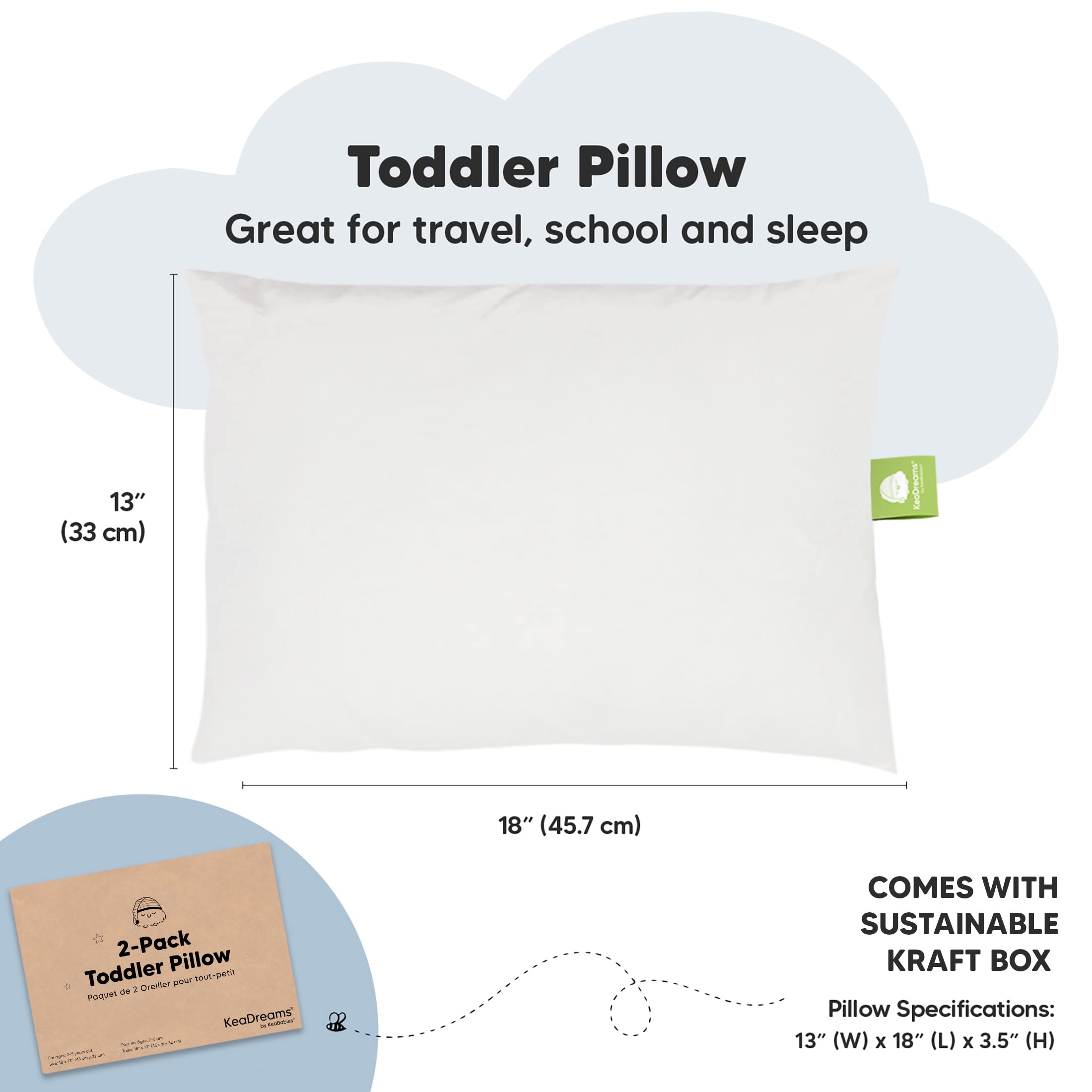 KeaBabies Toddler Pillow for Sleeping and Toddler Pillowcase for 13X18 Pillow - 2-Pack Soft Organic Cotton Toddler Pillows - Organic Toddler Pillow Case for Boy, Kids - 13X18 Small Pillow for Kids