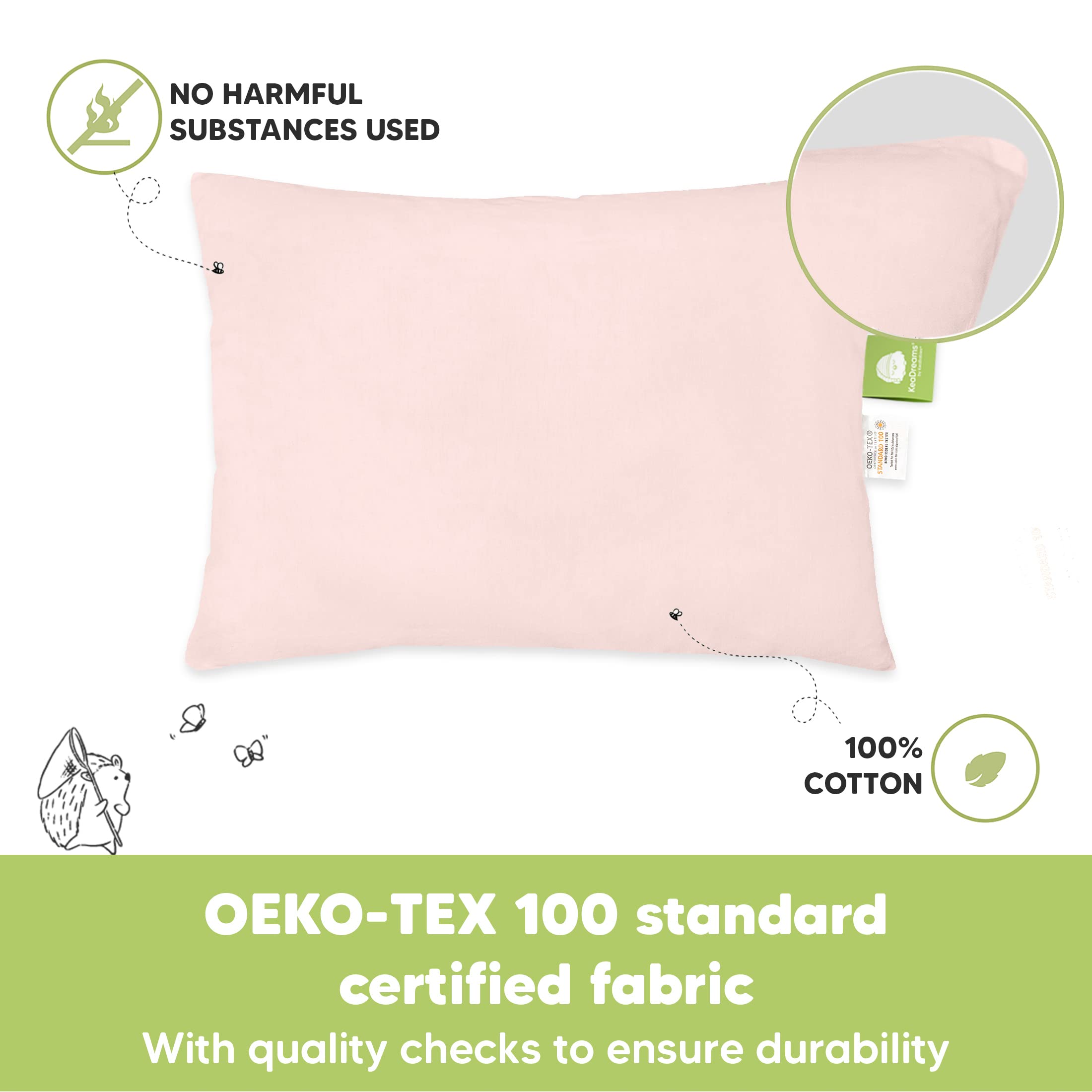 KeaBabies 2-Pack Toddler Pillow and Toddler Pillowcase for 13X18 Pillow Bundle - Organic Toddler Pillow (Misk Pink) and Pillowcase (Happy Dino) for Girl, Boy, Kids